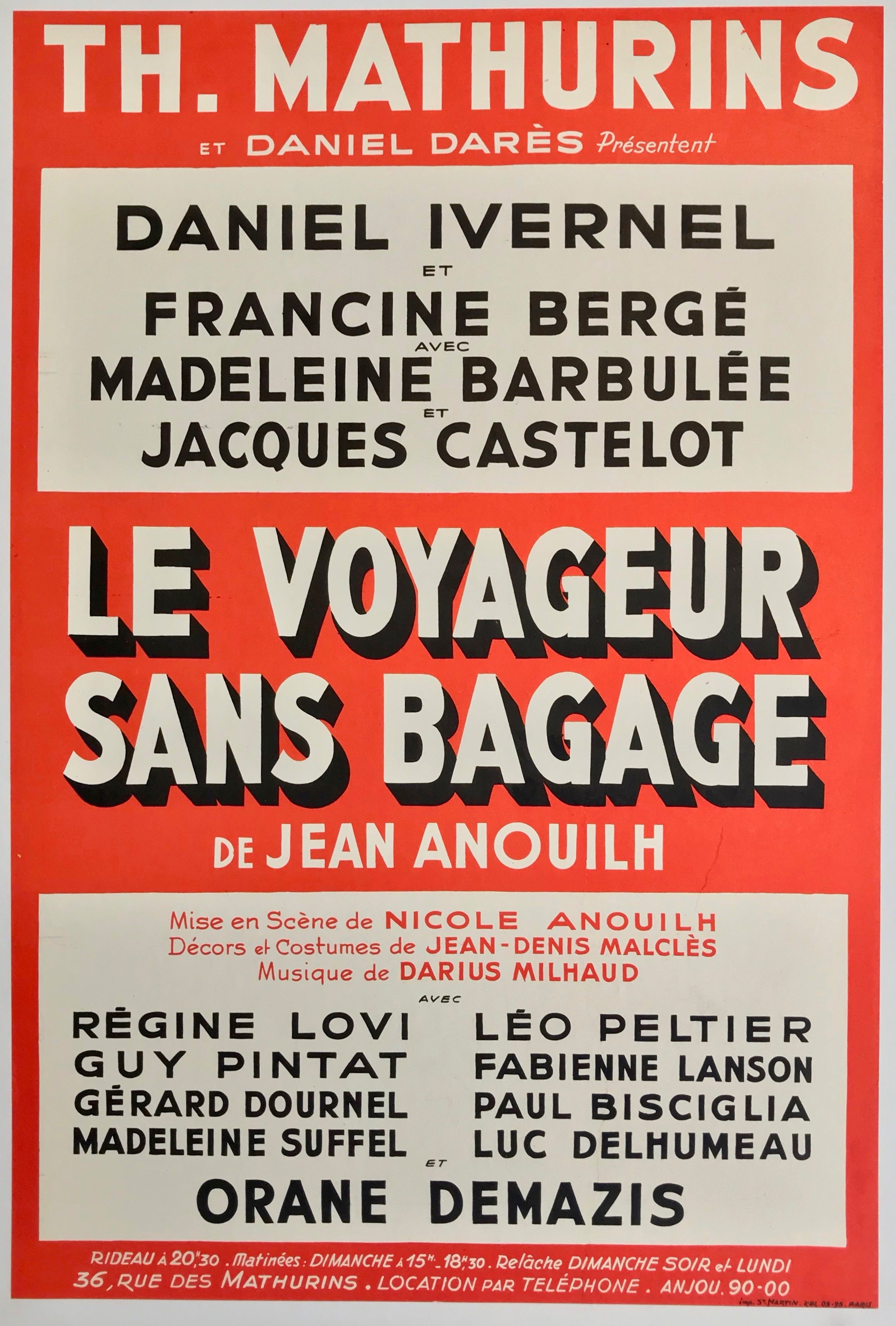 Affiche Théâtre Mathurins- Le voyageur sans bagage 1973